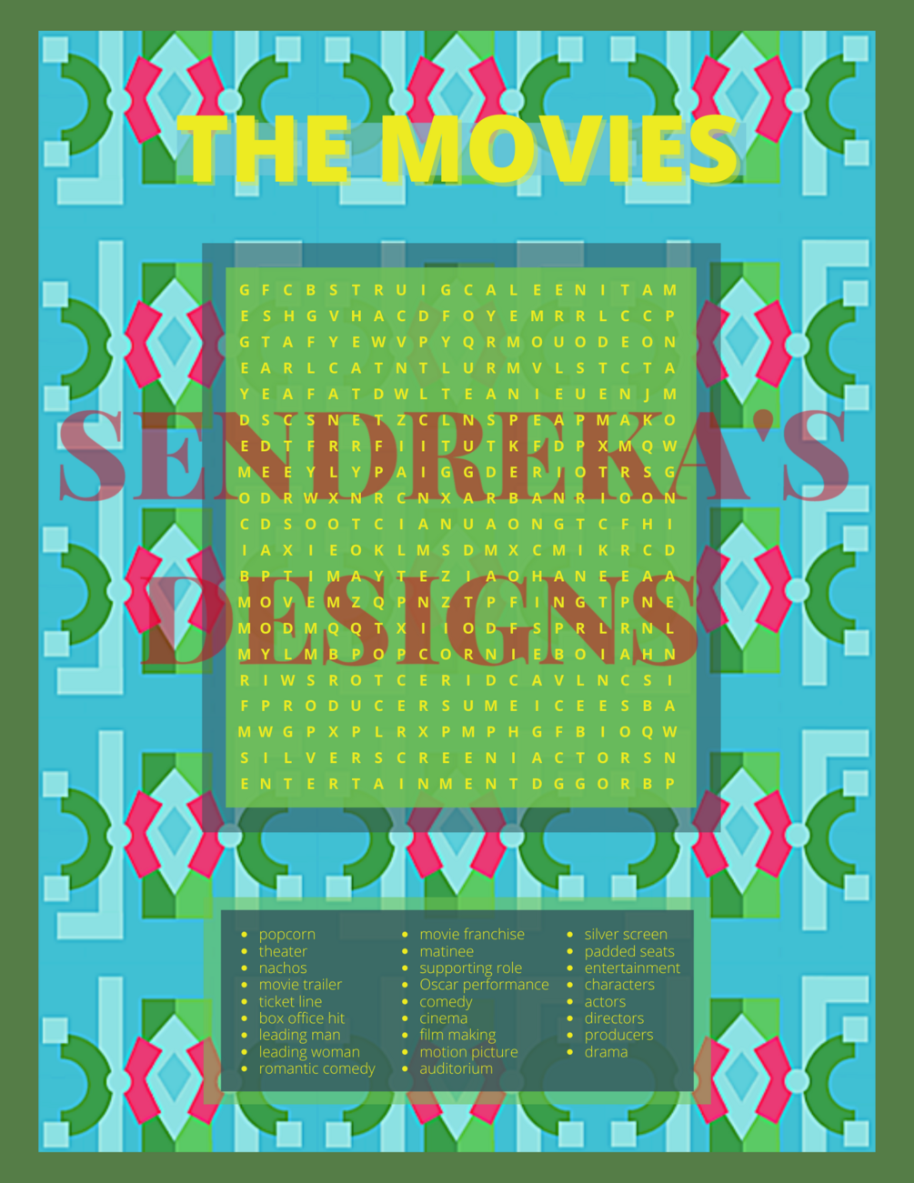 PDF Word Search Puzzle with Movies Theme