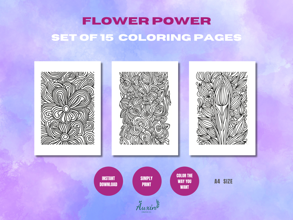 Flower Power Printable Coloring Pages (Set of 15)