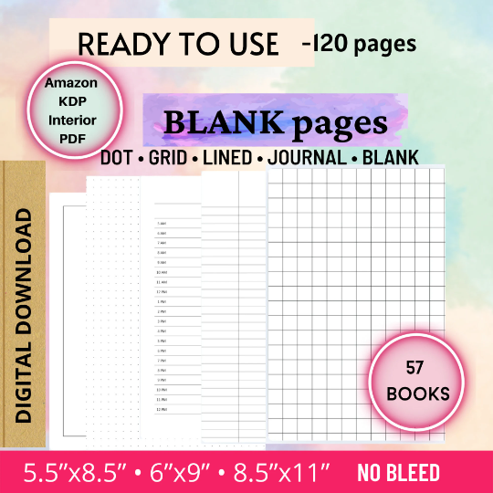 KDP Interior Download- lined, grid, dotted pages- 57 books, low content ...