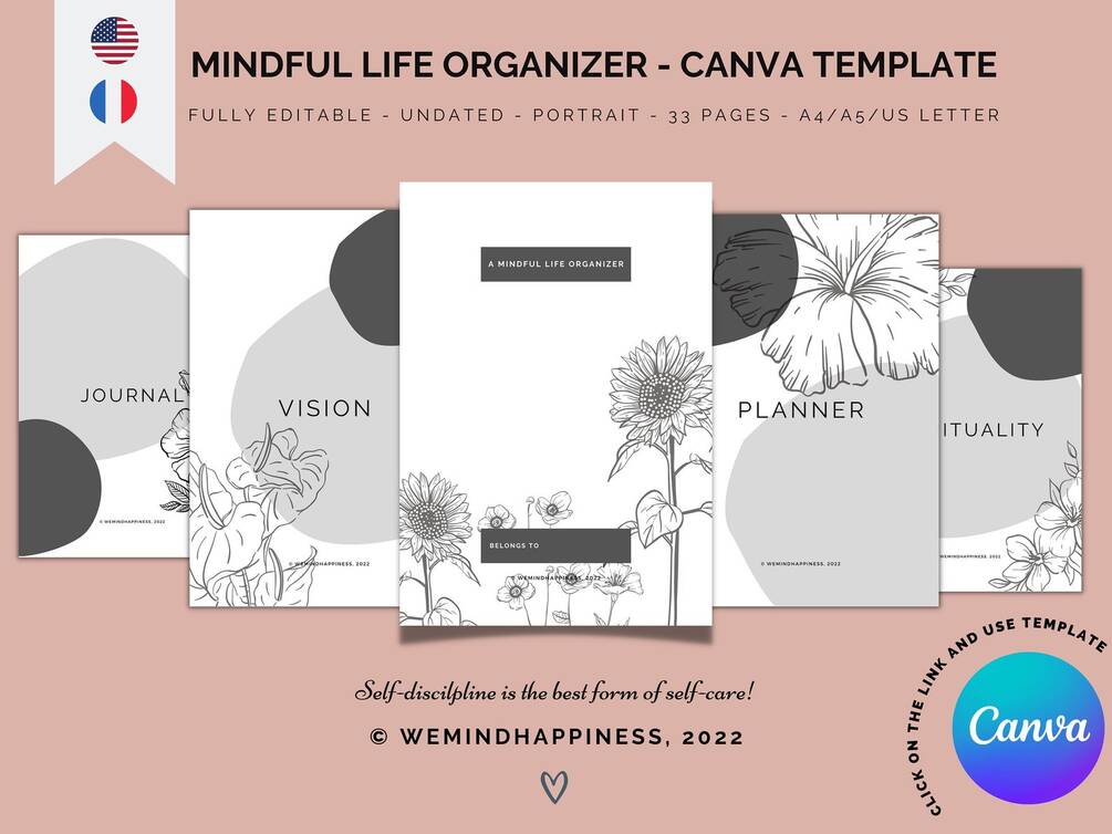 Undated Life Planner CANVA Template | Fully Editable Planner | Selfcare ...