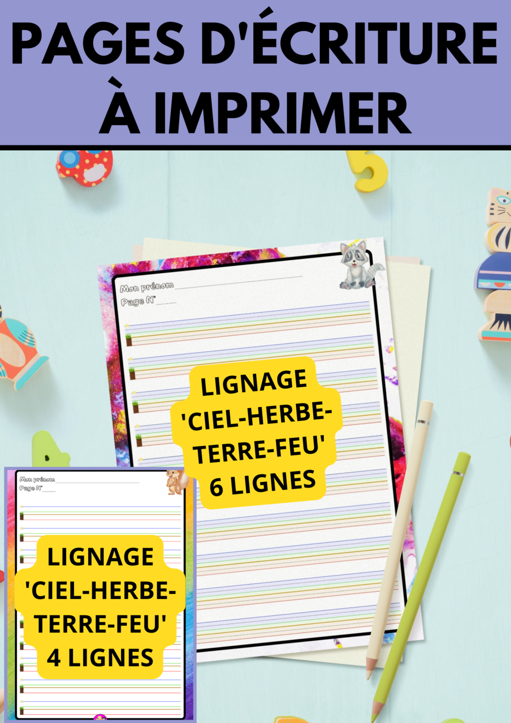 PAGE D'ECRITURE AVEC LIGNAGE CIEL-HERBE-TERRE-FEU