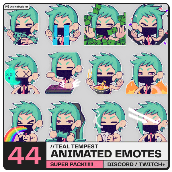 Teal Hair Facemask Gamer Girl Emote Pack