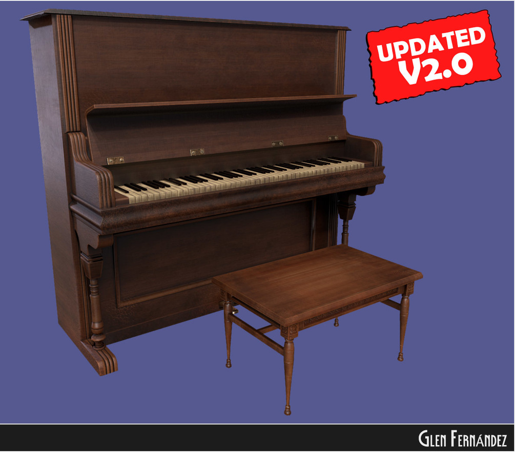 3D model: Vintage wooden upright piano with stool -low poly.