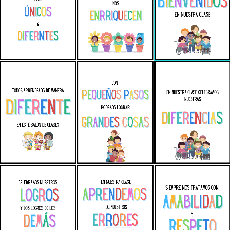 Posters y tarjetas de frases inclusivas y Positivas