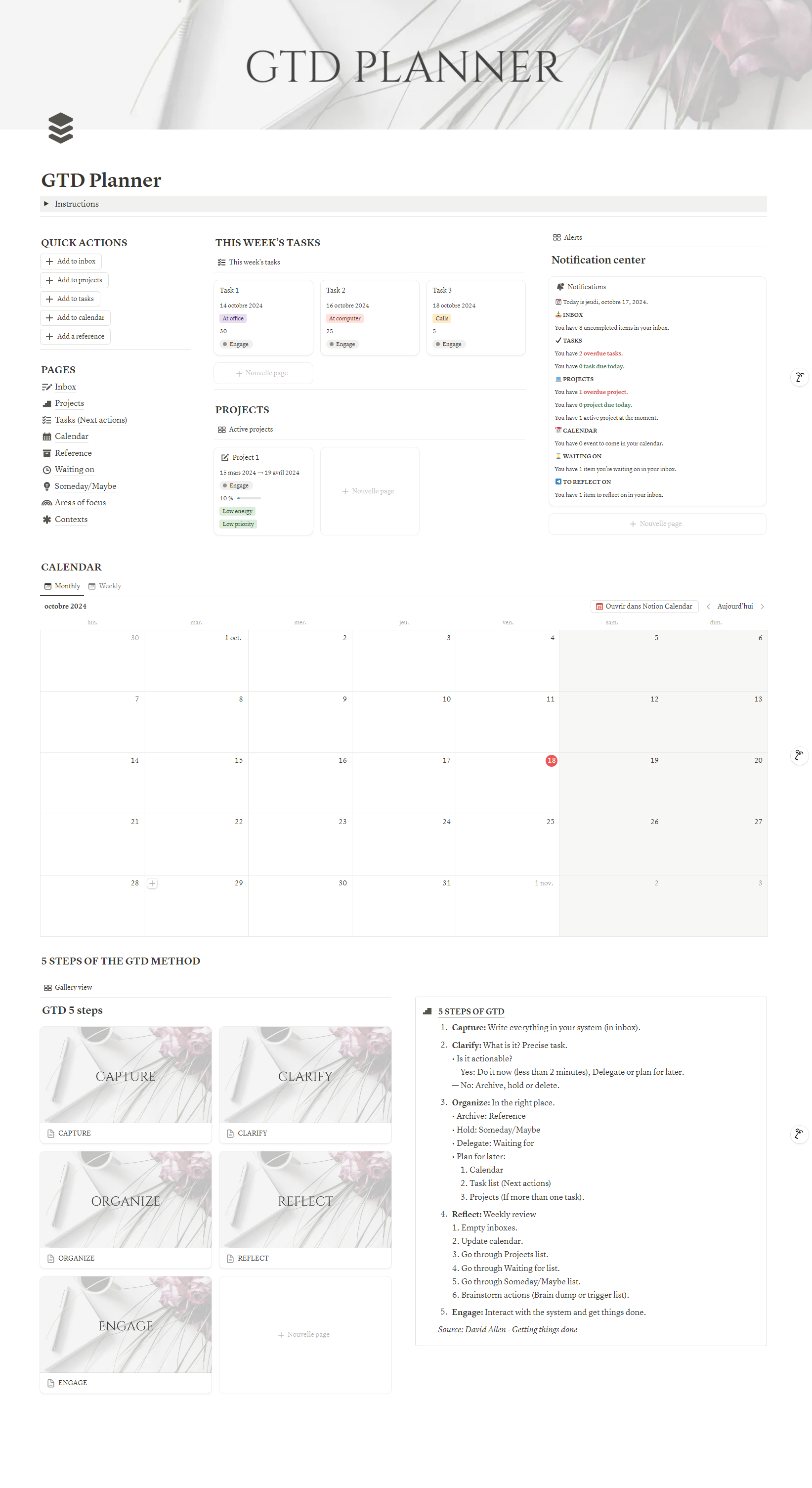 Notion template GTD Planner