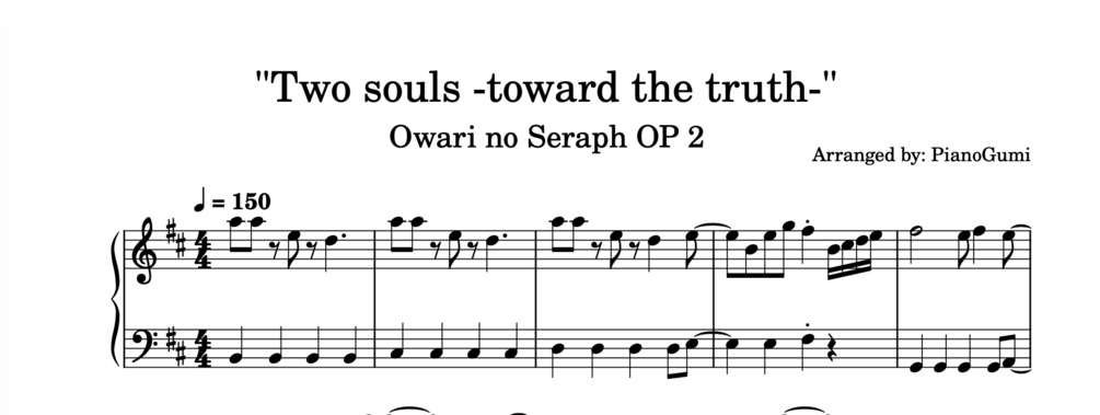 Owari no Seraph OP 2 - "Two souls -toward the truth-" - EASY Piano Sheet Music
