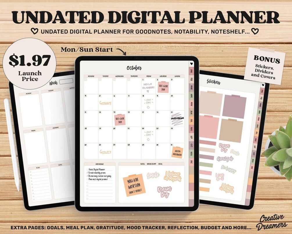 Undated Goodnotes Planner, Monthly Digital Planner, Goodnotes Template ...