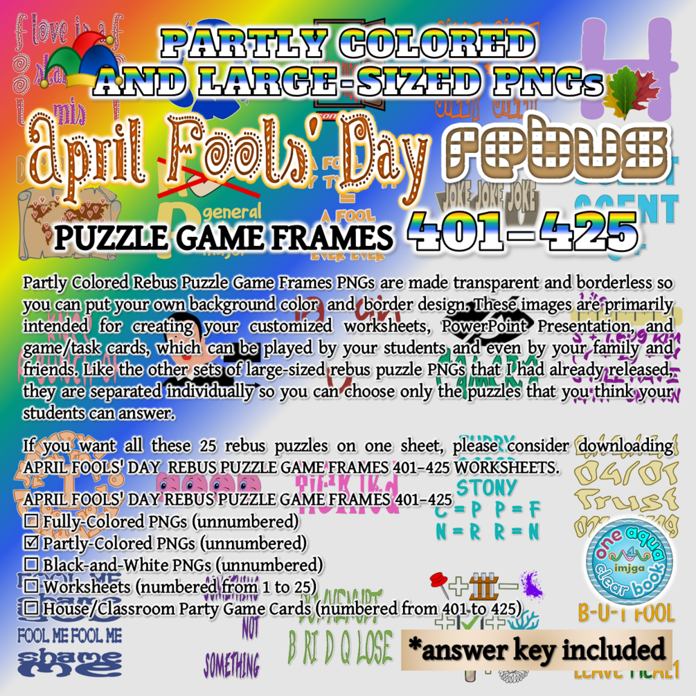Partly Colored APRIL FOOLS’ DAY Rebus Puzzle Game Frames 401–425 PNGs