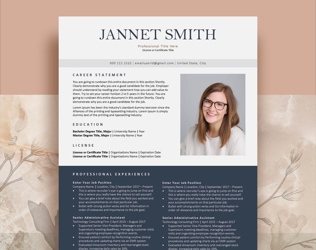 One page Resume Template, Simple Clean Professional Resume Word Pages ...
