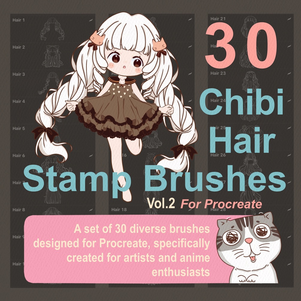 30 Chibi & Anime Hair Stamp Brushes for Procreate V.2
