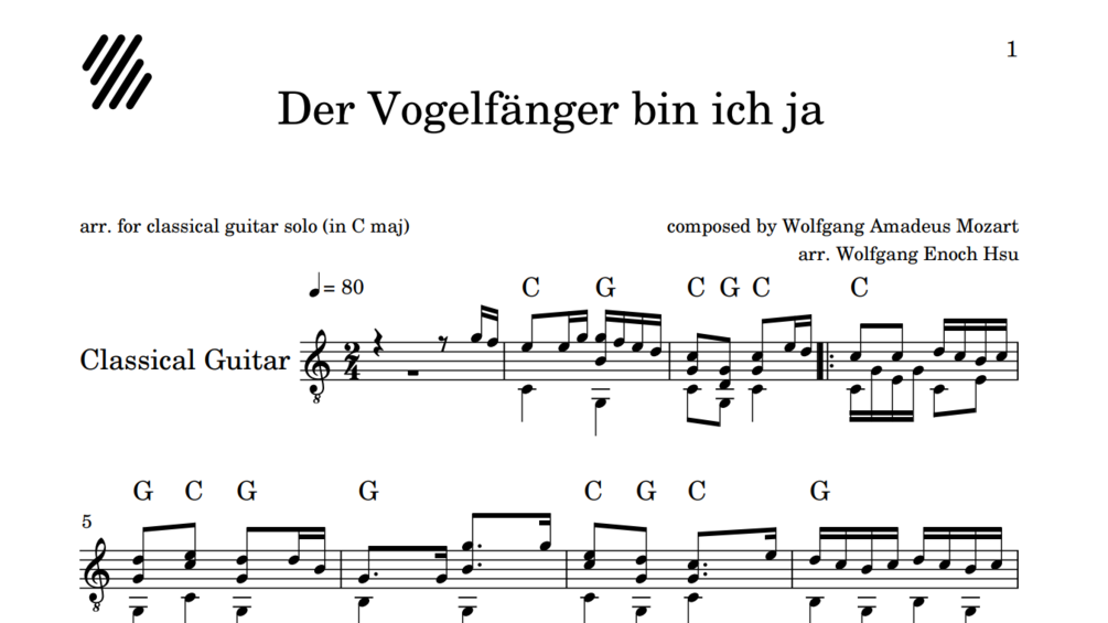 Der Vogelfänger bin ich ja (guitar sheet music)