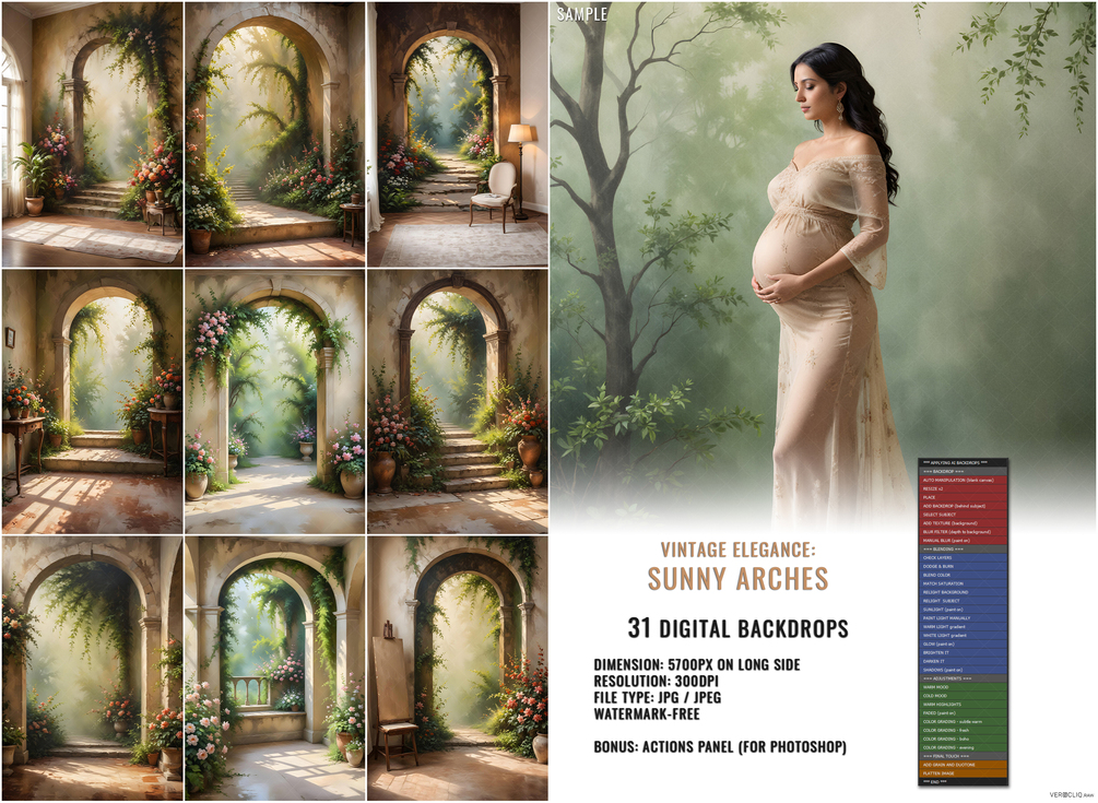 AI DIGITAL BACKDROP: Vintage Elegance - Sunny Arches