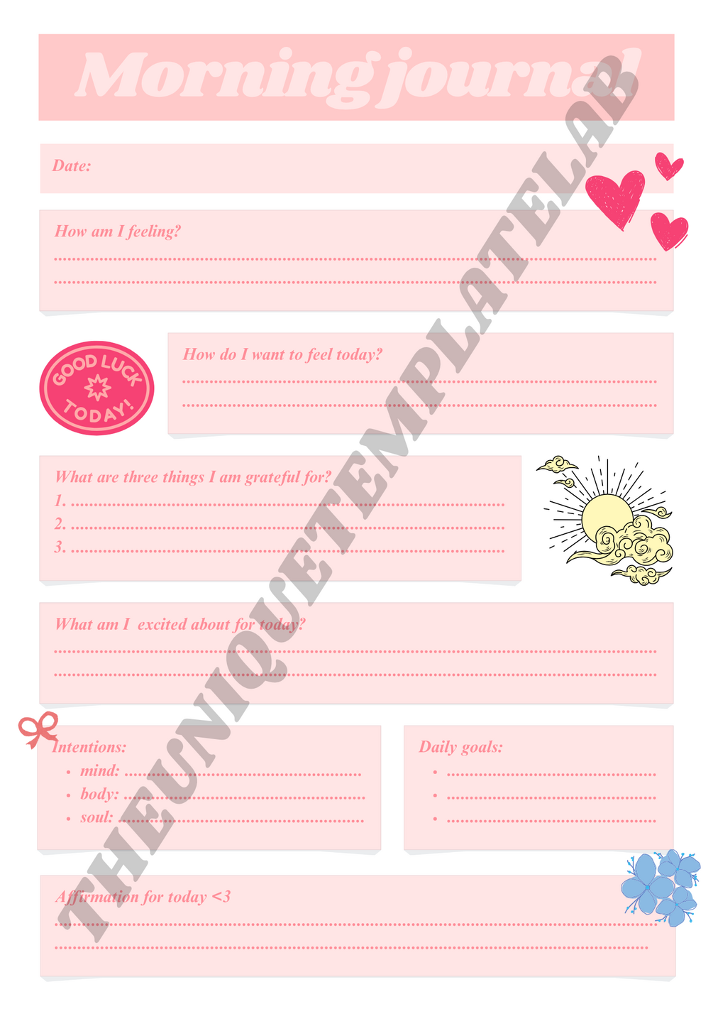 Pink Morning Journal | Self-Care Daily Printable (A4 PDF)