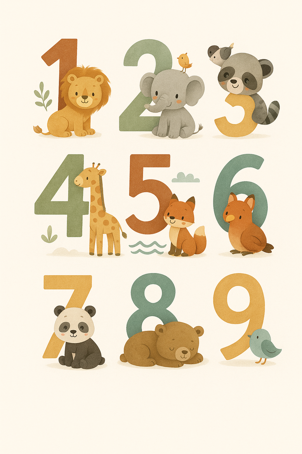 Printable Numbers 1–9 with Cute Animals – Kids Wall Art Poster