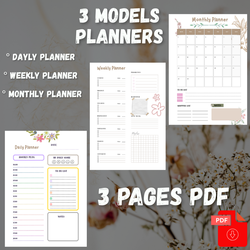 3 PDF planners, agenda horaires, daily planner, monthly planner, weekly ...