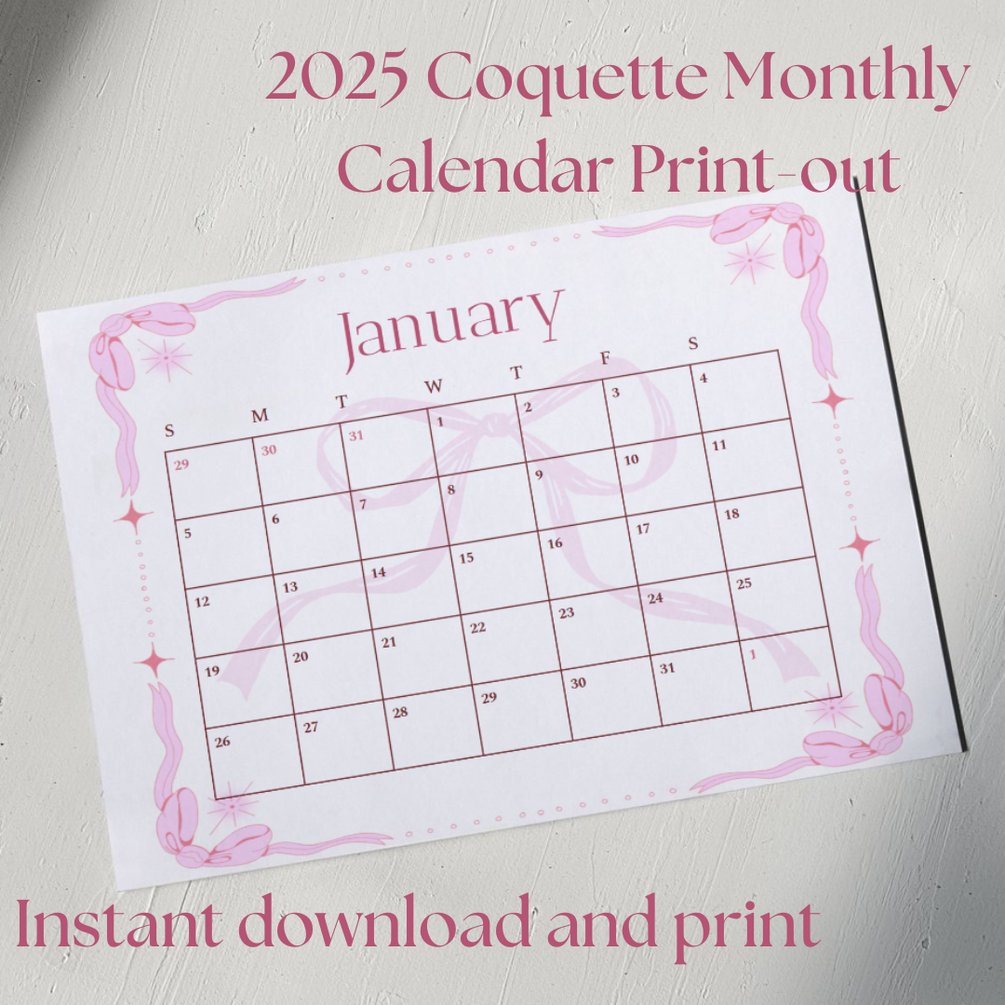 2025 Printable Coquette Bow Calendar