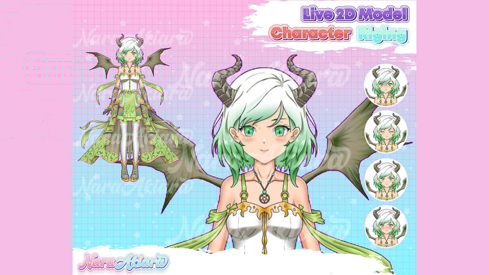 Vtuber Model and Rigging Anime Dark Green Devil Girl Premade, Live2d ...