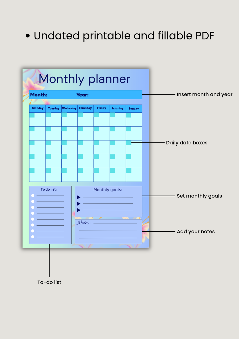 Monthly Planner | Printable PDF | Sunday & Monday start | A4 Size