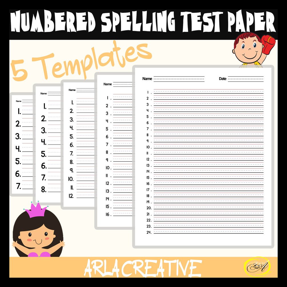 Numbered Spelling Test Paper with Name - 120x5 Writing Paper
