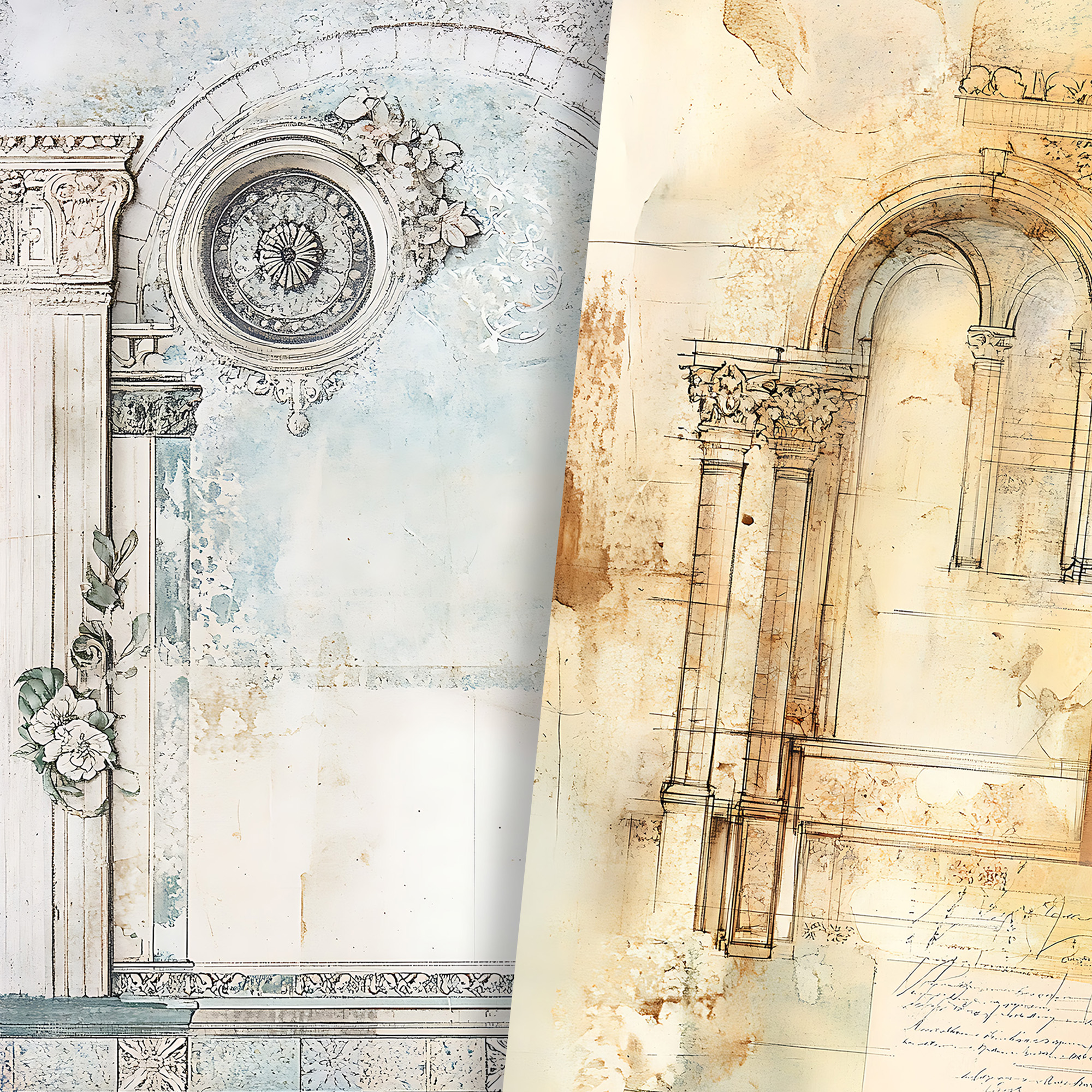 30 pc Sketchy Watercolor Architecture Printable Junk Journal Half ...