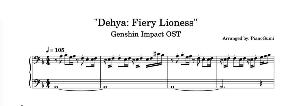 Genshin Impact OST - "Dehya: Fiery Lioness" - EASY Piano Sheet Music