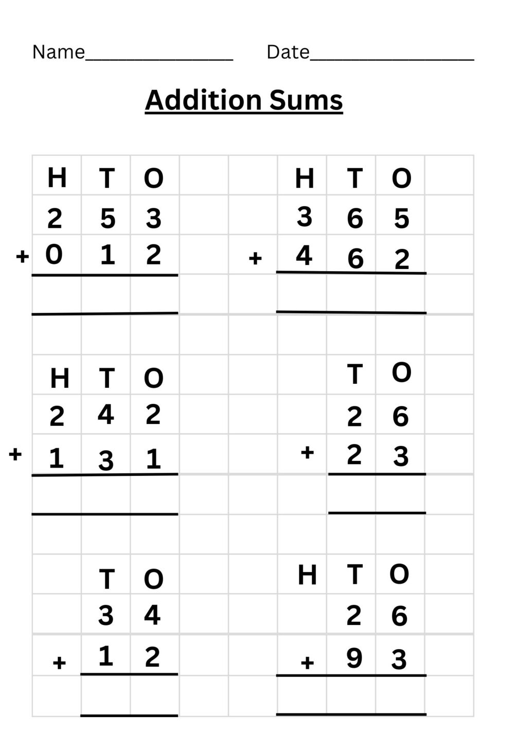 Maths Addition Sums Worksheets for Grade 1,2 and 3(10 Pages)