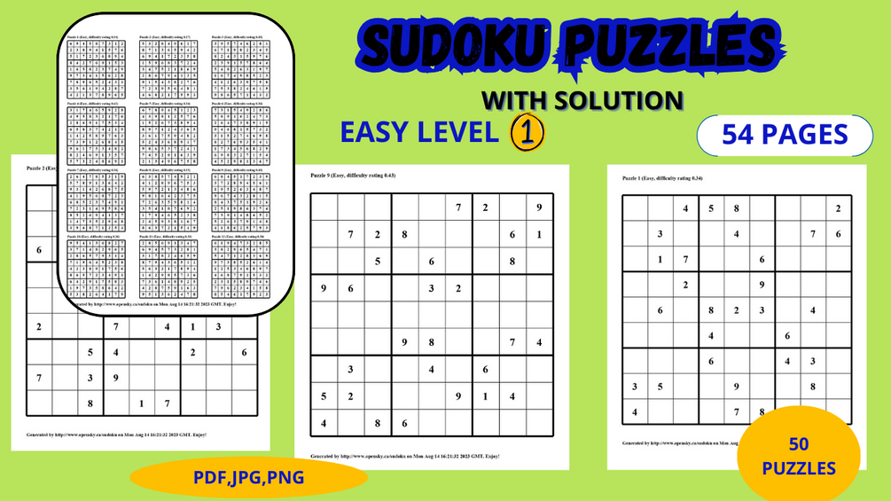 50 PUZZLE SUDOKU EASY WITH SOLUTION (8,5*11) INCHES
