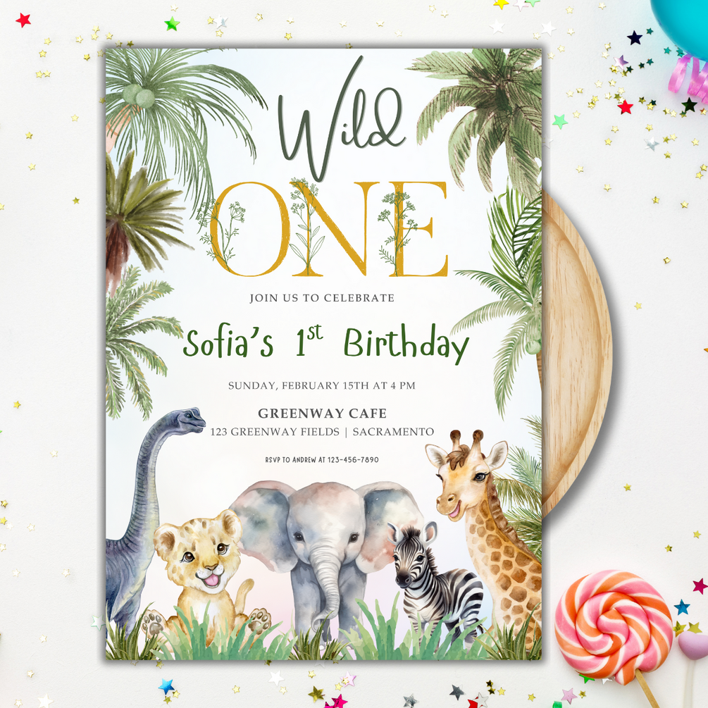 Wild One Jungle 1st Birthday Invitation | Forest Animals Canva Template ...