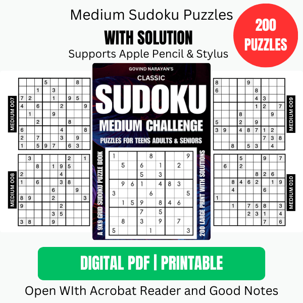 200 Classic Sudoku Medium Puzzle | Ebook | Printable PDF | Perfect for ...