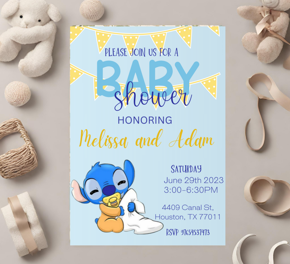 Stitch Blue Baby Shower Invitation | Cute & Customizable Hawaiian ...