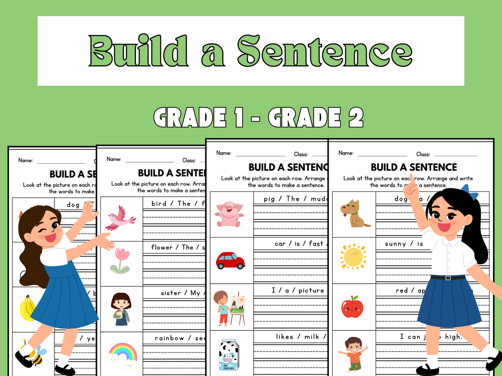Build the Sentence Worksheets | Kindergarten 1st 2nd Grade ELA Worksheet