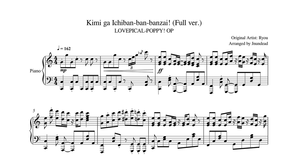 [LOVEPICAL-POPPY! OP] Kimi ga Ichiban-ban-banzai! (Full ver.) Piano ...