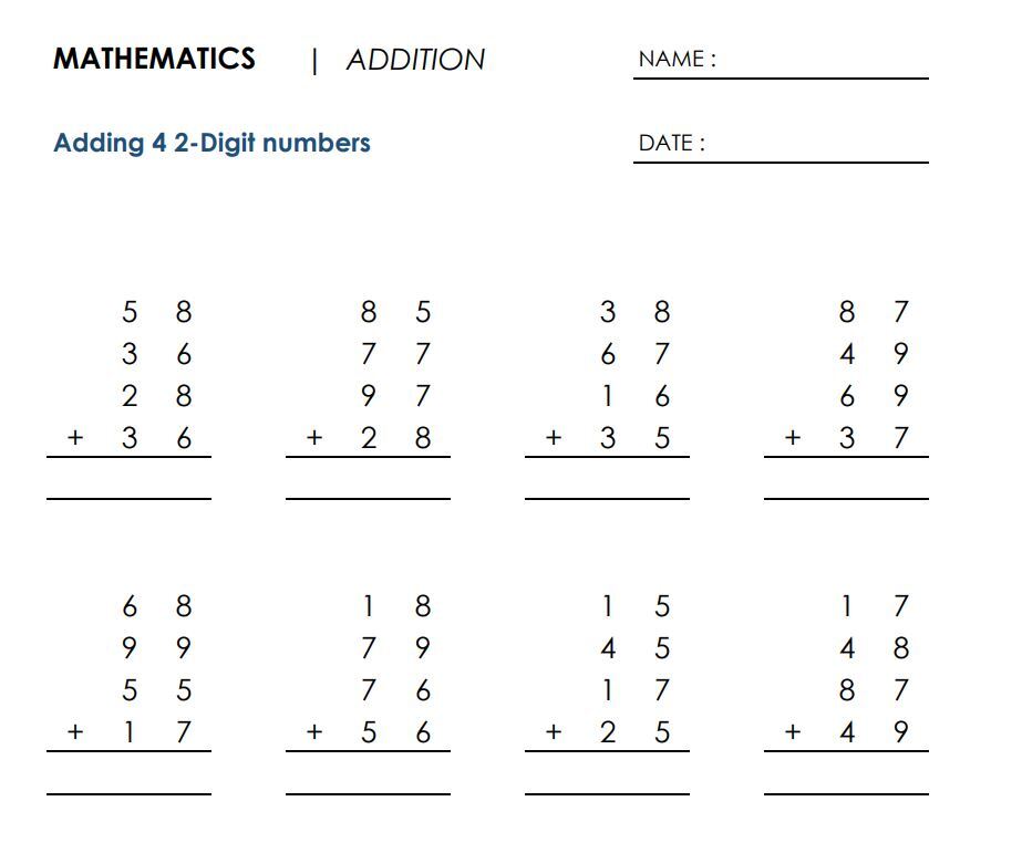 Adding 2 Digit Numbers - 4 Addends | 50 WORKSHEETS