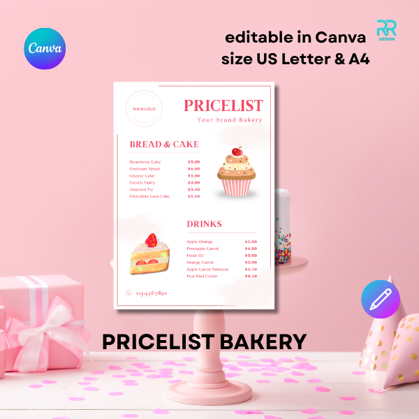 Bakery Pricelist Template - Editable Canva Menu - Printable Price List ...