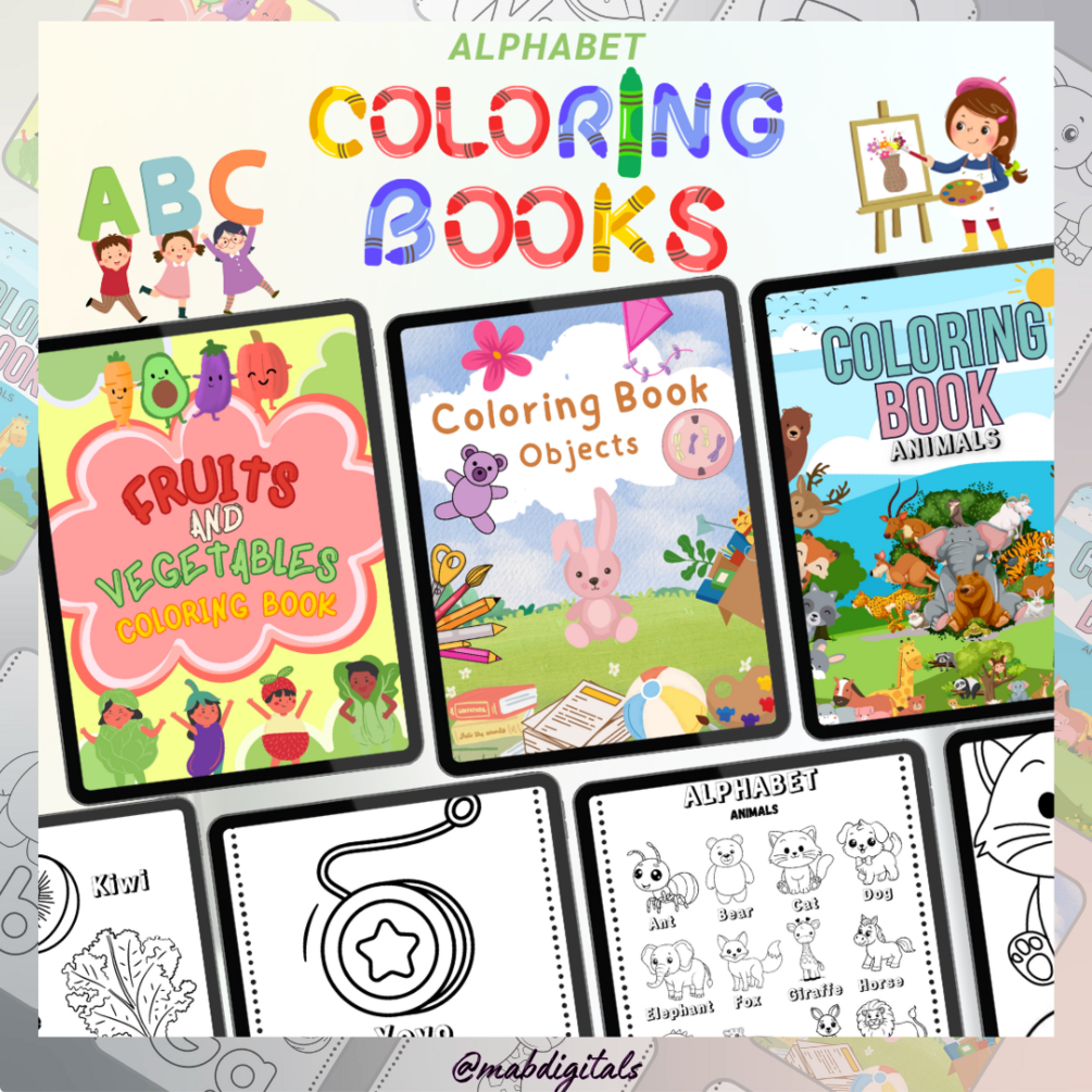 3 Alphabet Coloring Books (Animals, Fruits & Vegetables, Objects) Printable