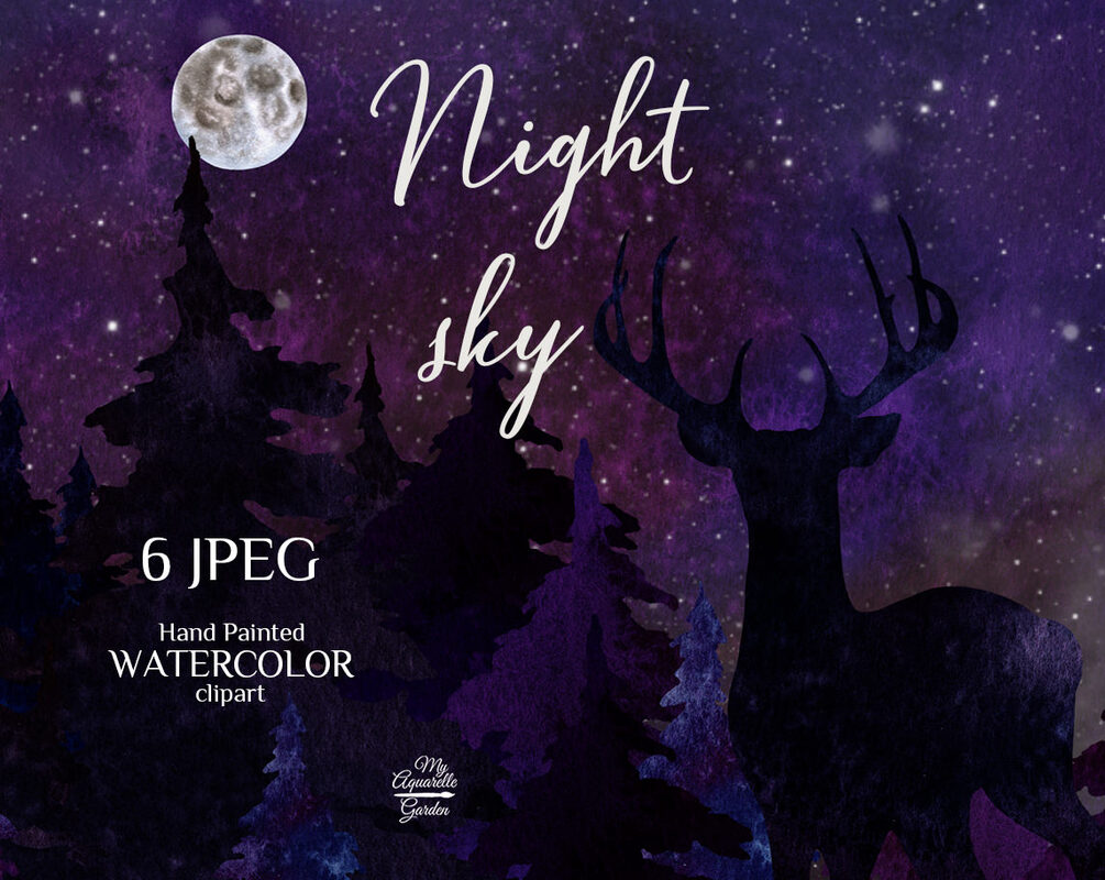 Starry sky, night forest, deer. A house in the dark of night.
