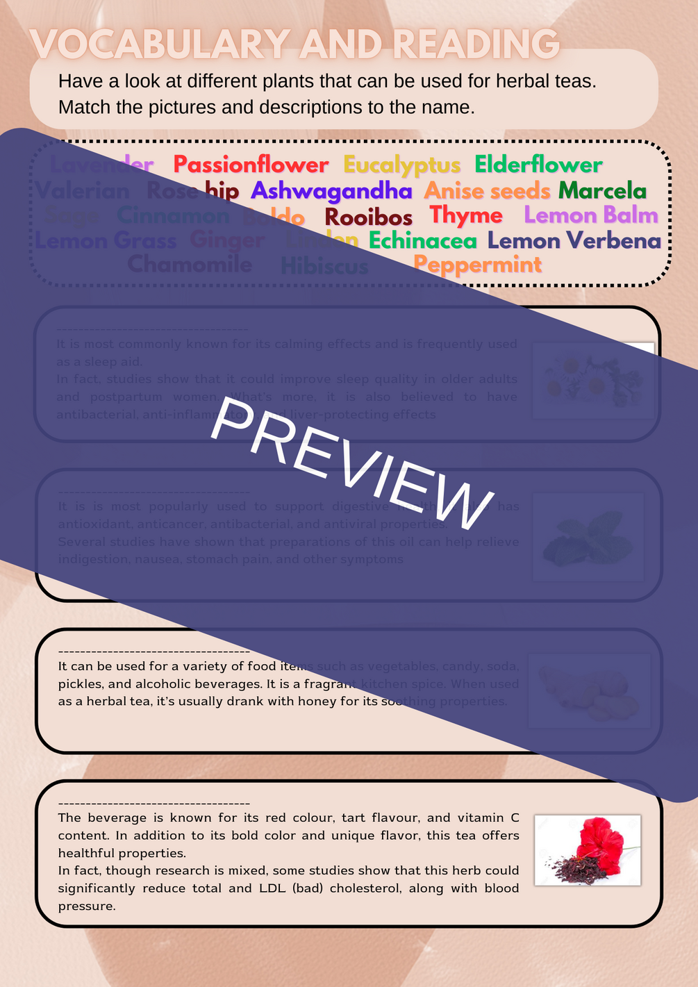 Herbal tea lesson (fully editable): vocabulary, reading and speaking + keys