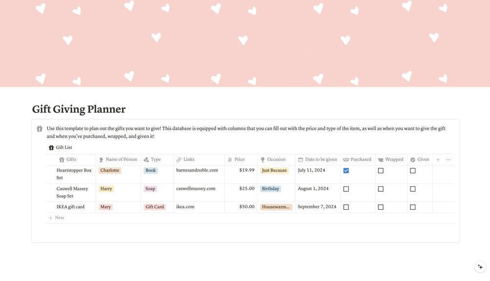 Gift List | Gift Giving Planner | Notion Template