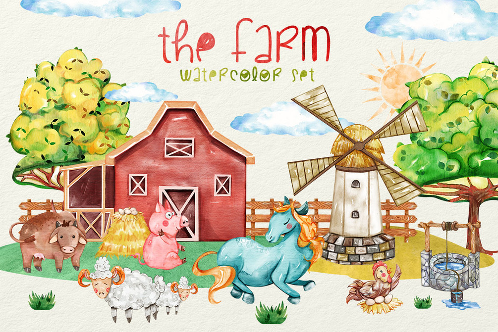 Watercolor Farm Animals Cliparts Set