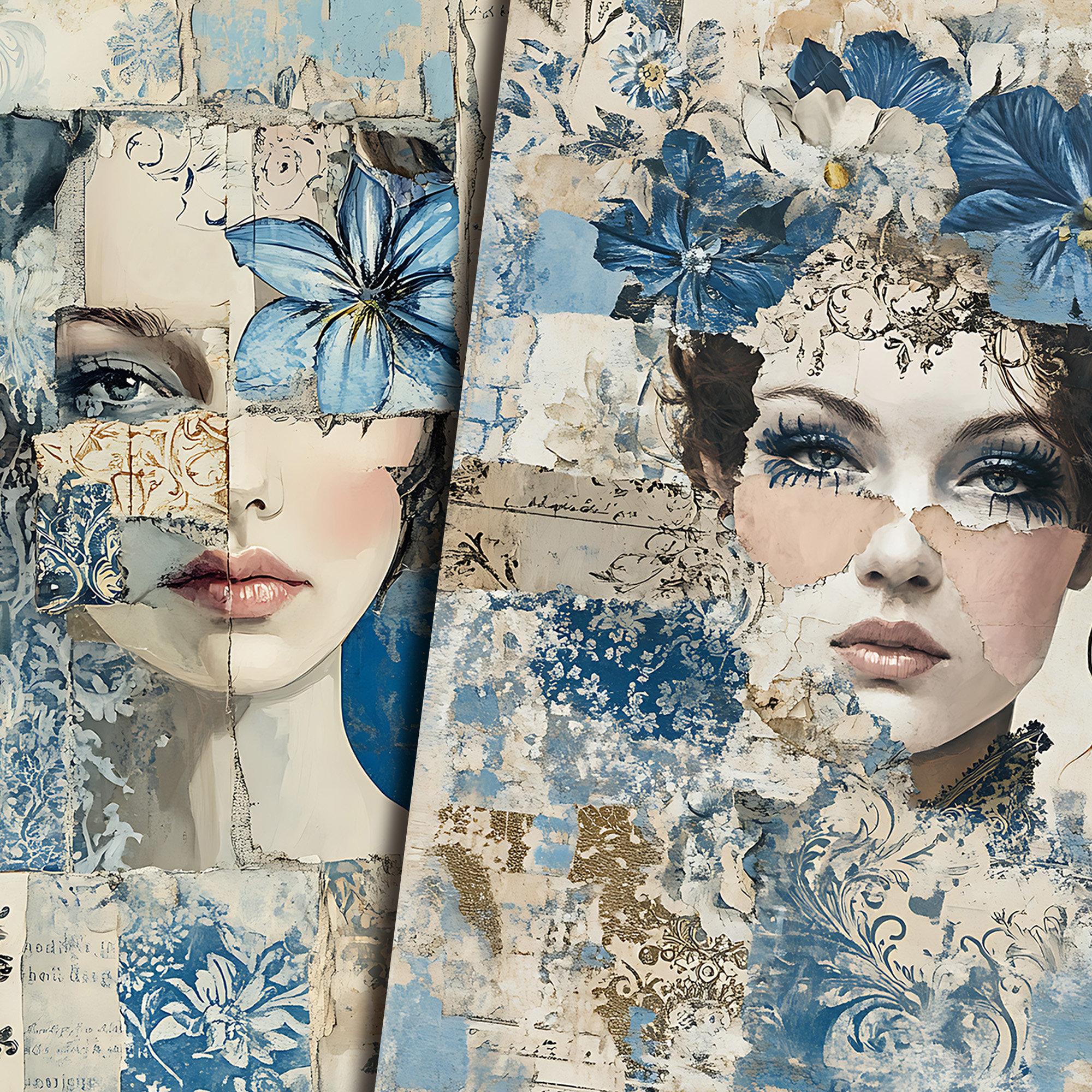 18 pc Portrait Blue on Cream Torn Ephemera Collage Printable Junk ...
