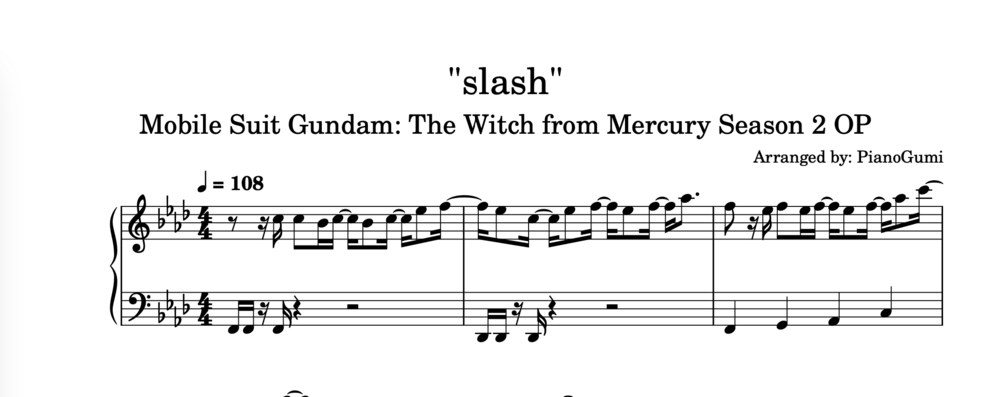 Mobile Suit Gundam The Witch from Mercury Season 2 OP - "slash" - EASY Piano Sheet Music