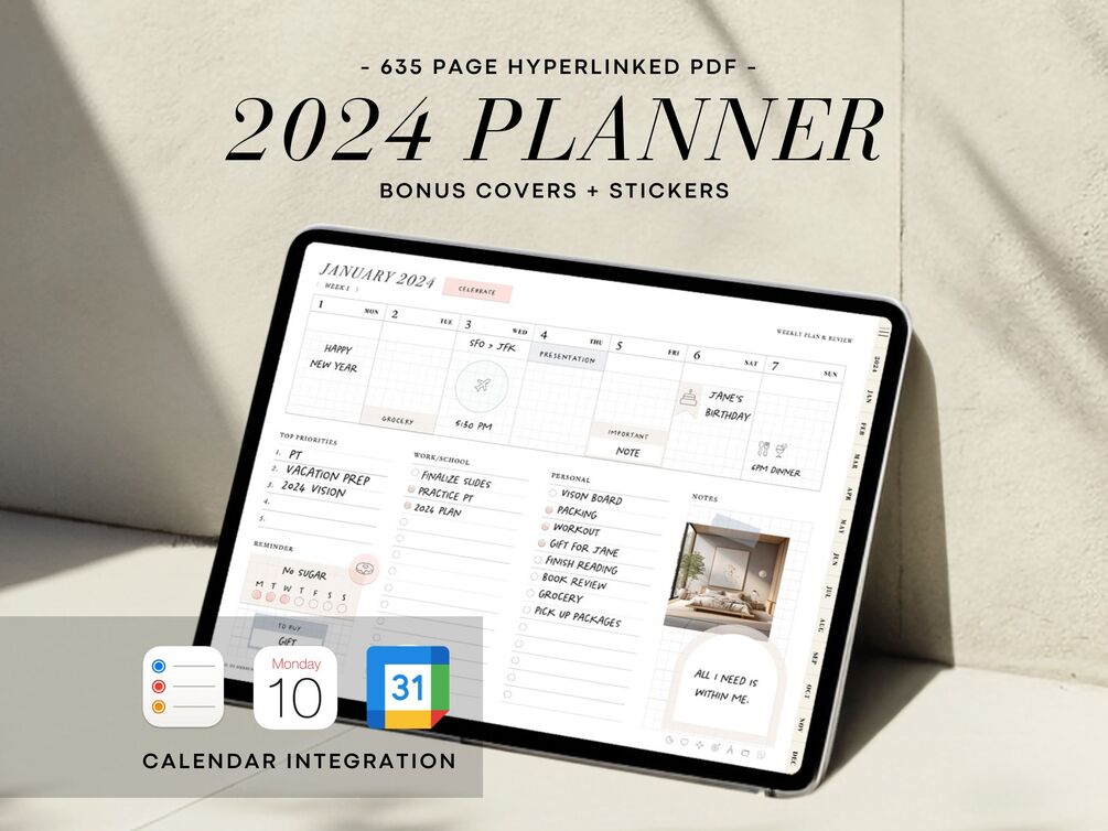 2024 Hyperlinked PDF Digital Planners with Calendar Integration Bundle