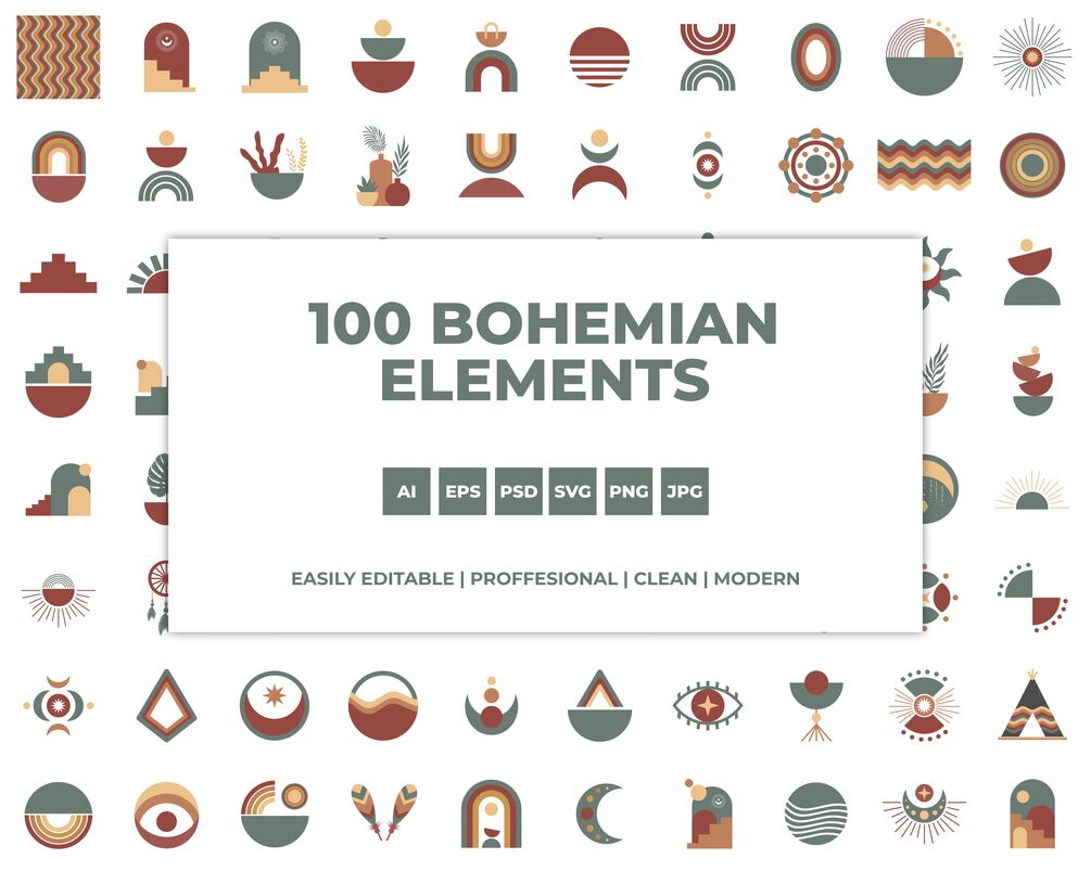 100 Bohemian Elements - Line Art Clipart - Wedding Invitation ...