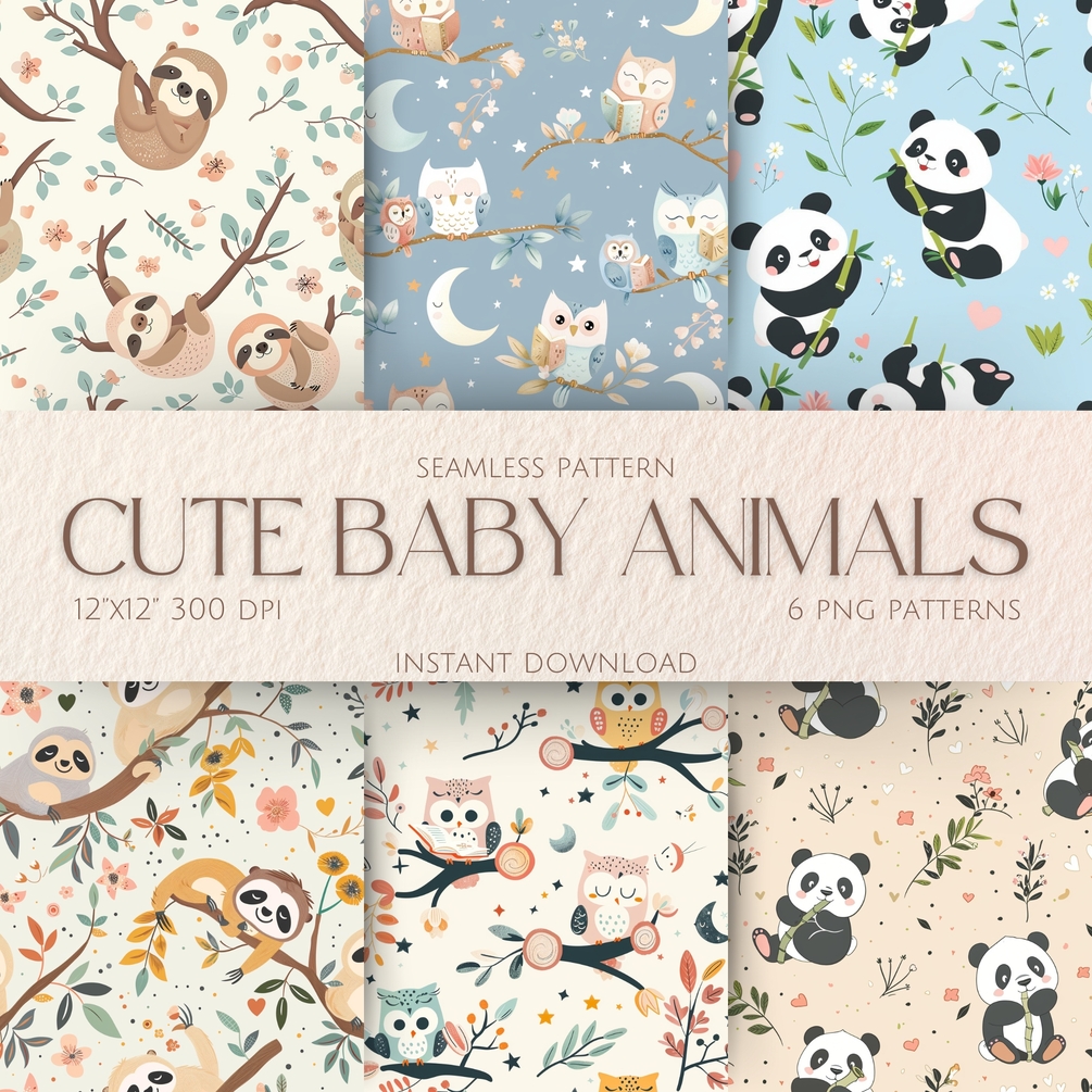 6 SEAMLESS Baby Animals PATTERNS | Cute Baby Sloth, Owl, Panda Designs ...