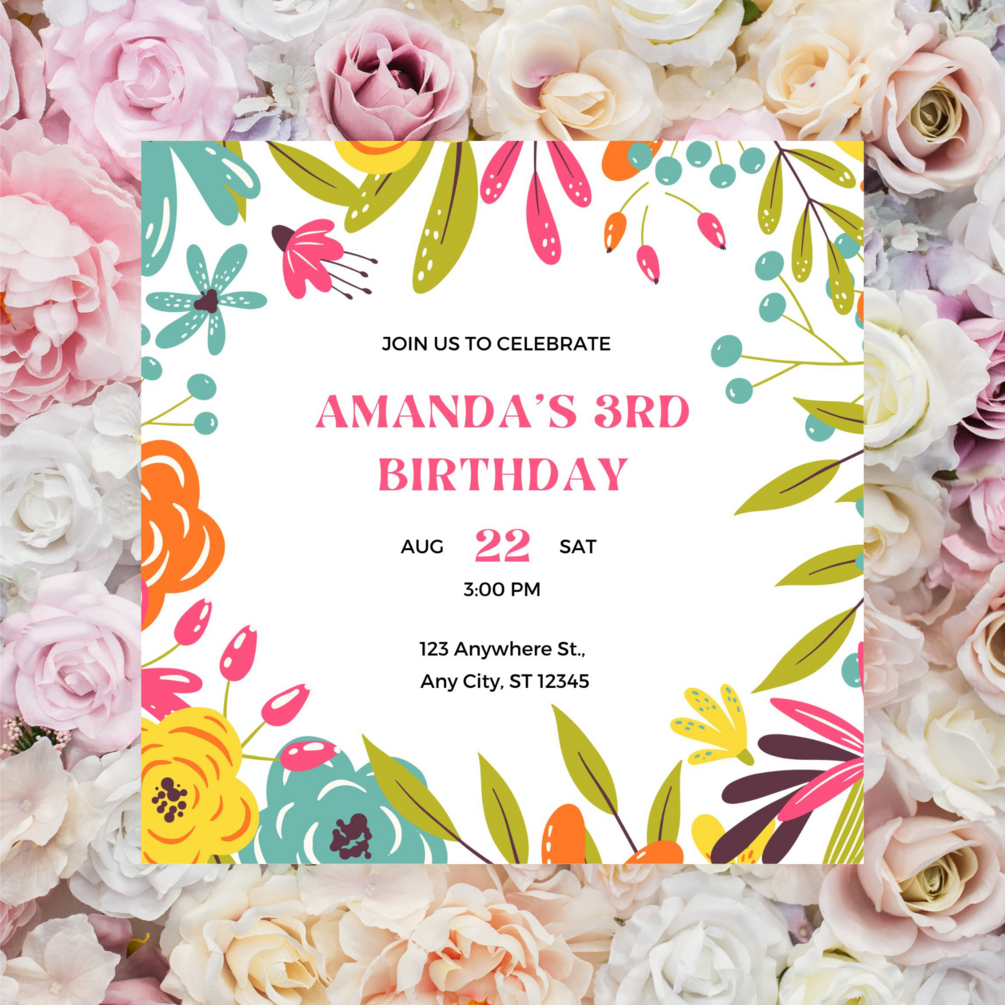 EDITABLE Floral Rose Birthday Invitation