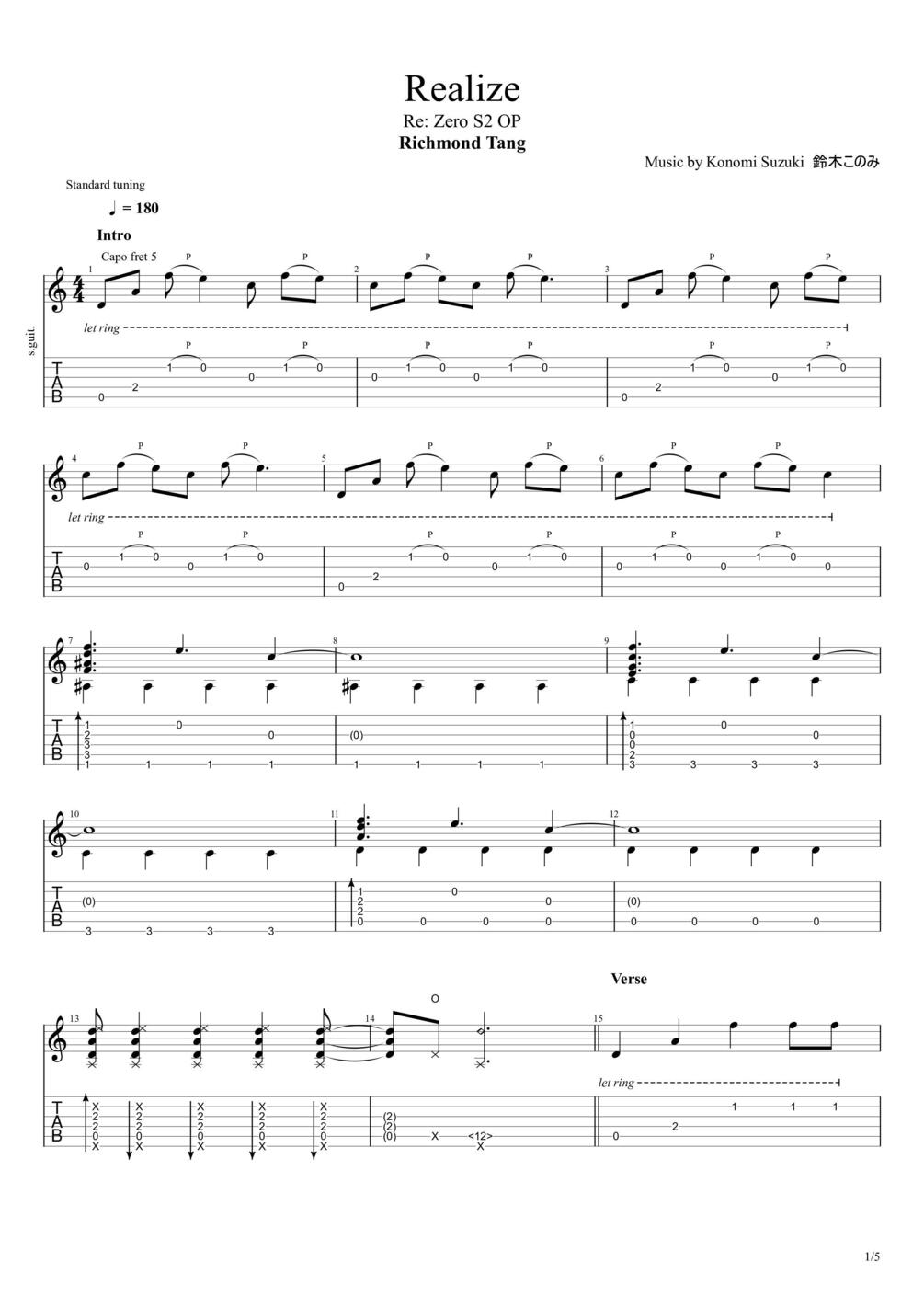 《Guitar Tabs》Realize | Arr by Richmond Tang