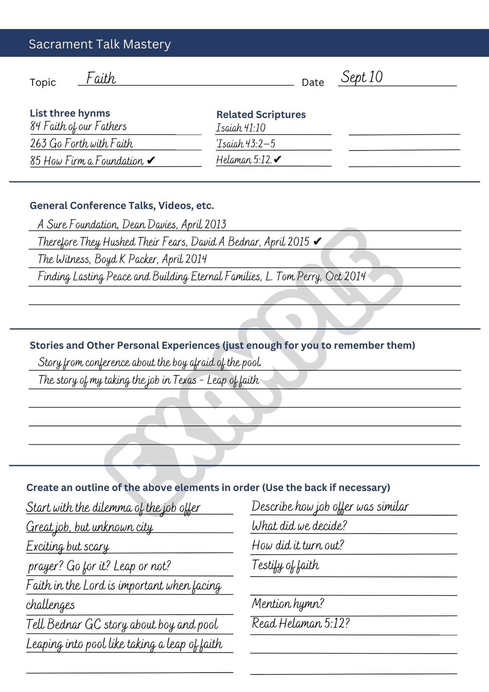 Sacrament Talk Mastery Printable Worksheet