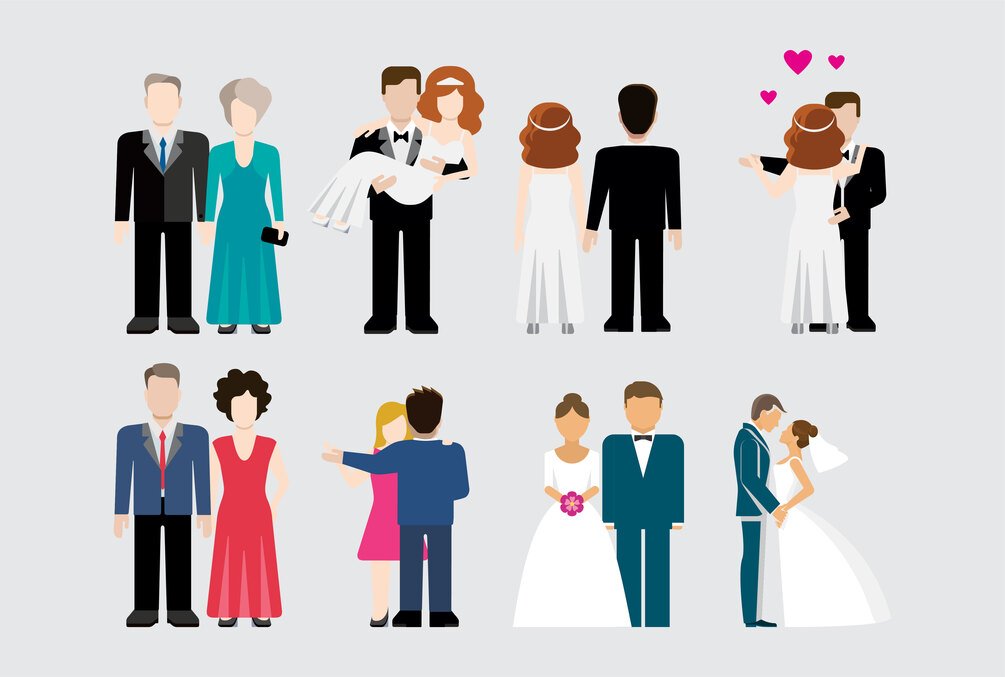 Couple in love flat decorative elements with young women and men and ...