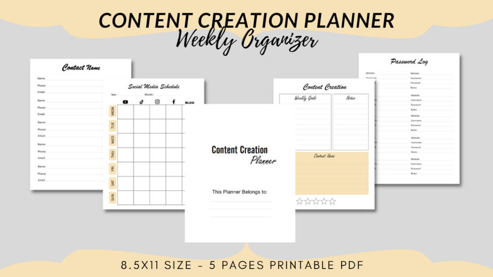 Content Creation Planner Printable Template PDF, Minimalist Weekly ...