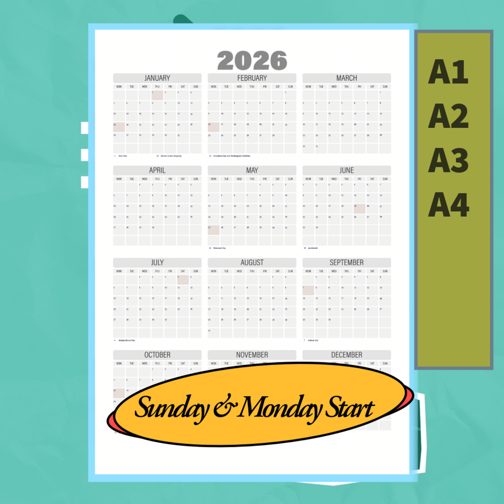2026 Year-at-a-Glance Wall Calendar (Free Printable) | US Holidays | A1 ...